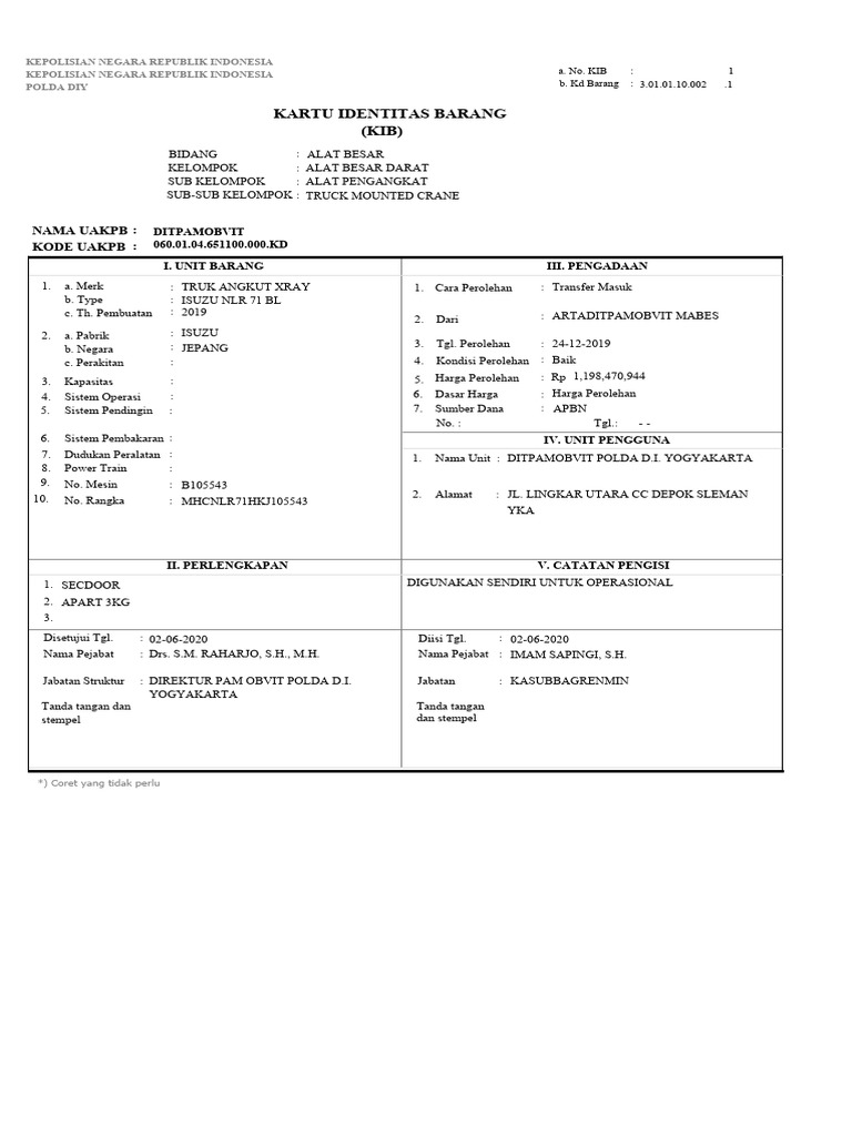 Kartu Identitas Barang (KIB) Alat Besar | PDF