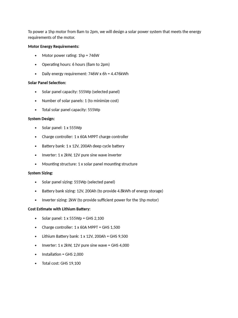 To Power A 1hp Motor From 8am To 2pm | PDF