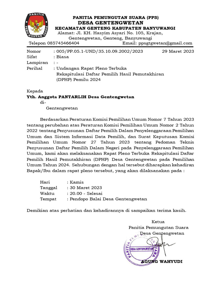 Undangan Rapat Pleno DPHP Pemilu 2024 | PDF