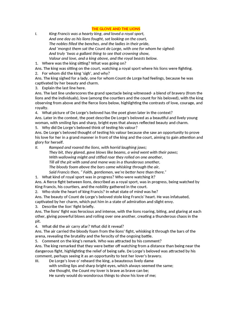 THE GLOVE AND THE LIONS | PDF | Courage