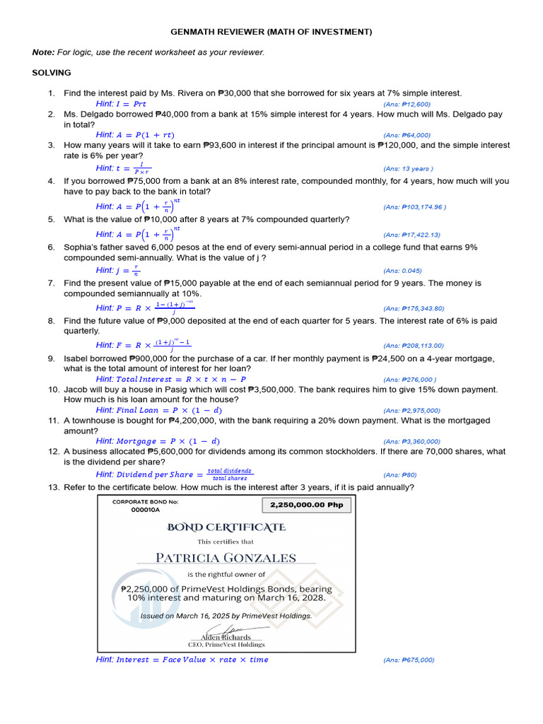 Math of Investment: Key Concepts & Problems | PDF | Bonds (Finance ...