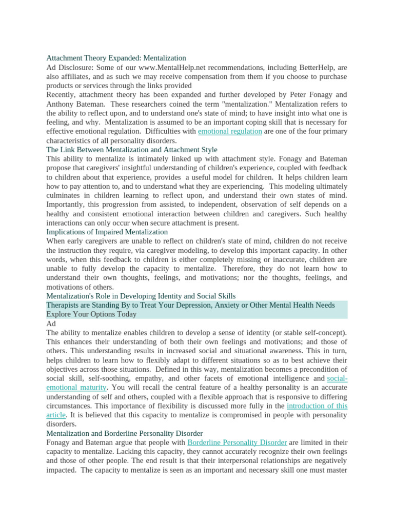 Mentalization in Attachment Theory | PDF | Attachment Theory ...