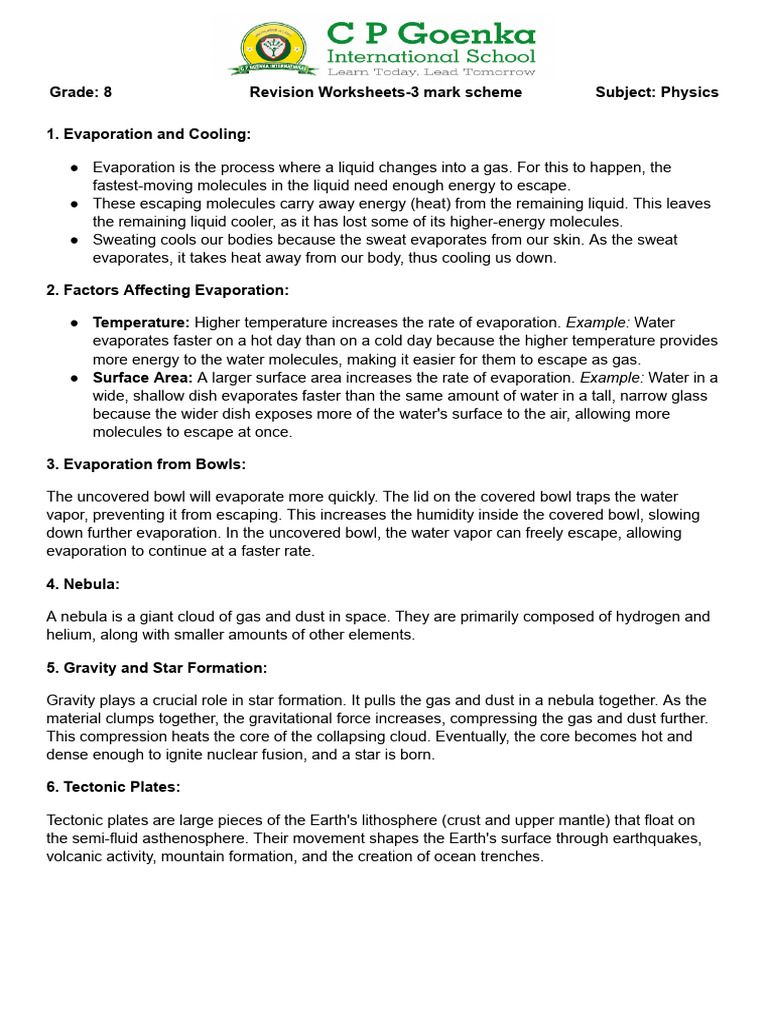 Grade 8 Physics Revision Worksheet 3 Ms | PDF | Evaporation | Plate Tectonics
