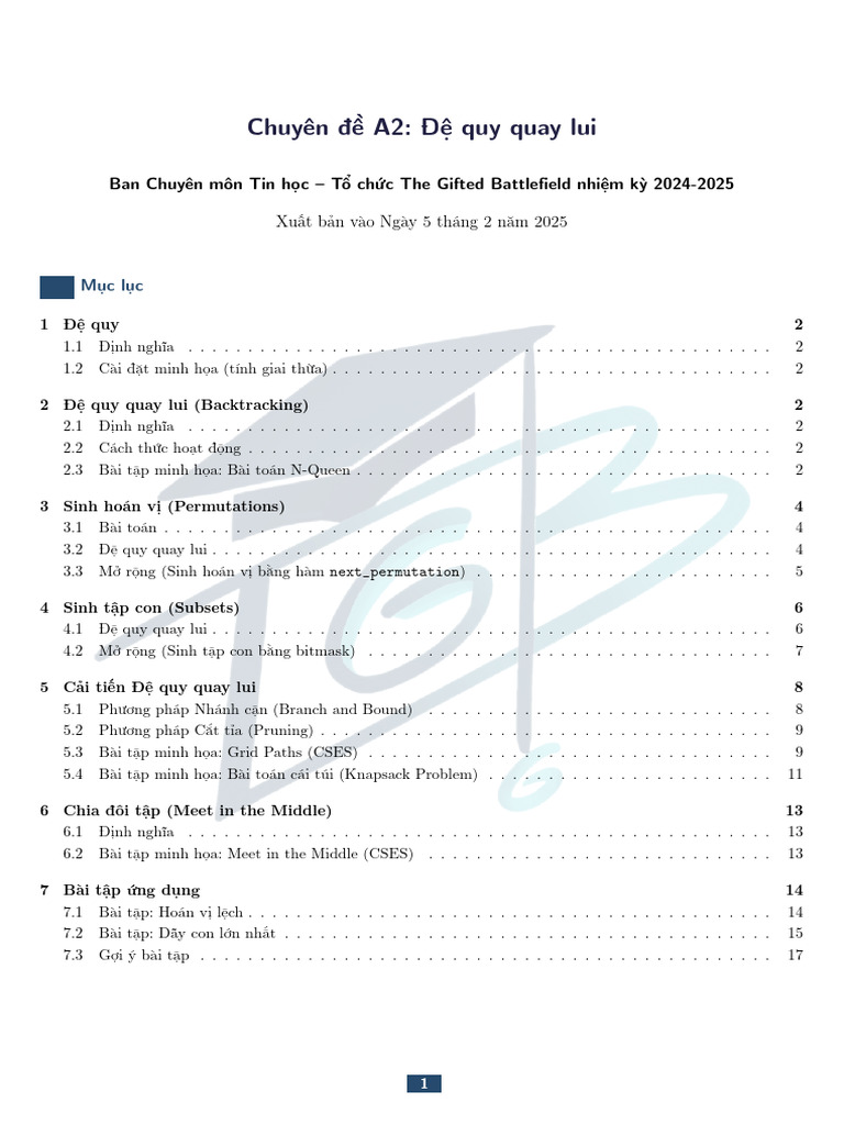 (TGB-Org-4.0) Chuyên Đề A2 - Đệ Quy Quay Lui | PDF