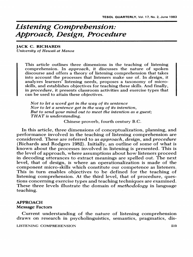 Richards - 1983 - Listening Comprehension Approach, Design, Procedure | PDF | Semantics | Question
