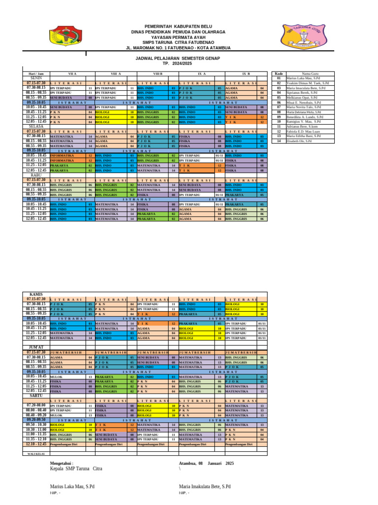 Jadwal Pelajaran Revisi Ibu Editha 2024 - 2025 Smp Taruna Citra | PDF