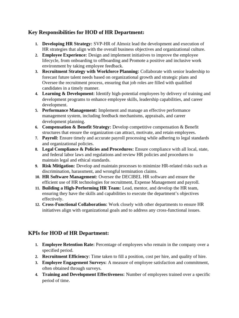 Key Responsibilities for HOD of HR Department | PDF | Human Resource ...