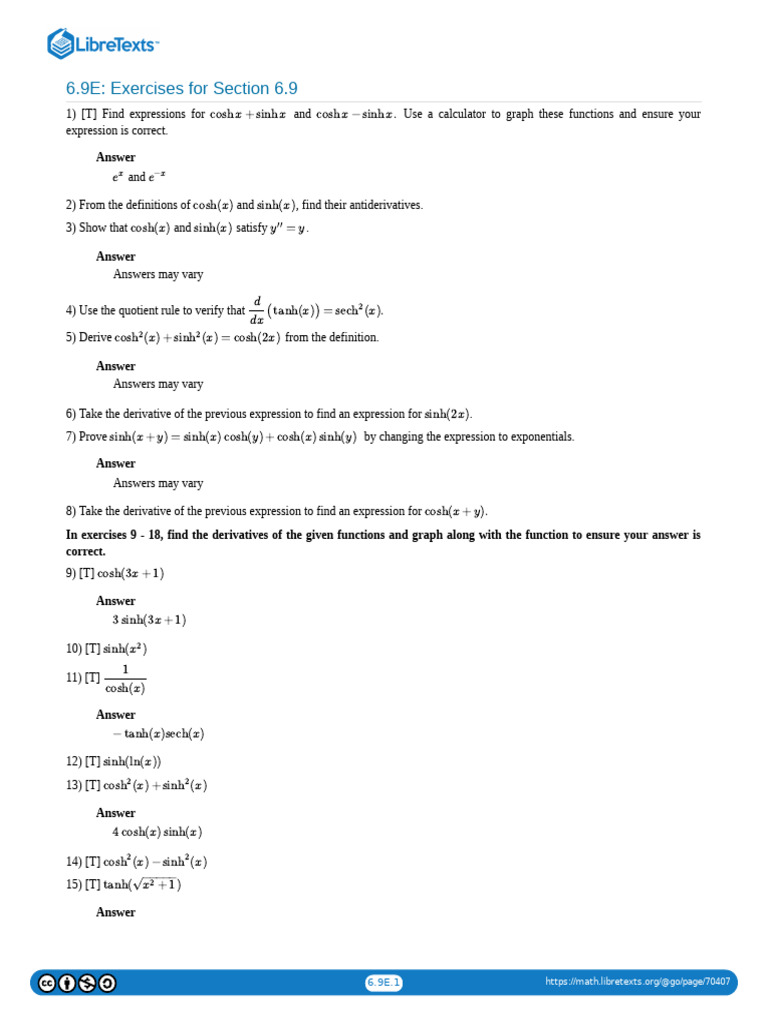 Hyperbolic Functions Exercises 6.9E | PDF | Functions And Mappings | Mathematical Analysis