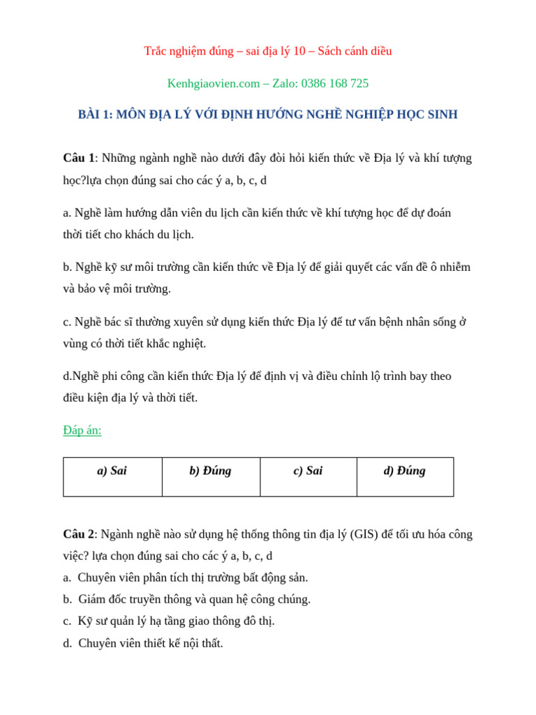 TN Dung Sai Dia Ly 10 b1 Mon Dia Ly Voi Dinh Huong Nghe Nghiep Hoc Sinh ...