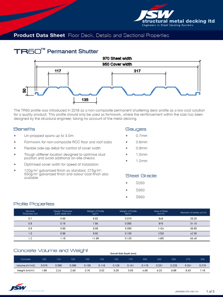 Deck-Sheet-JSW - STA-1001 V4 TR50 | PDF | Architectural Elements | Materials