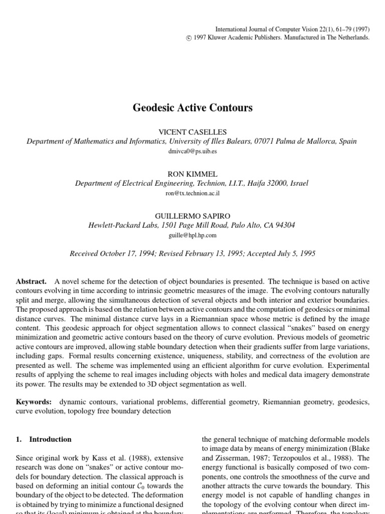 Geodesic Active Contours: Abstract | PDF | Curve | Image Segmentation