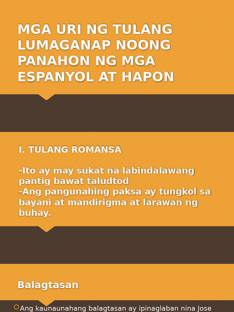 Mga Uri NG Tulang Lumaganap Noong Panahon NG Espanyol at Hapon | PDF
