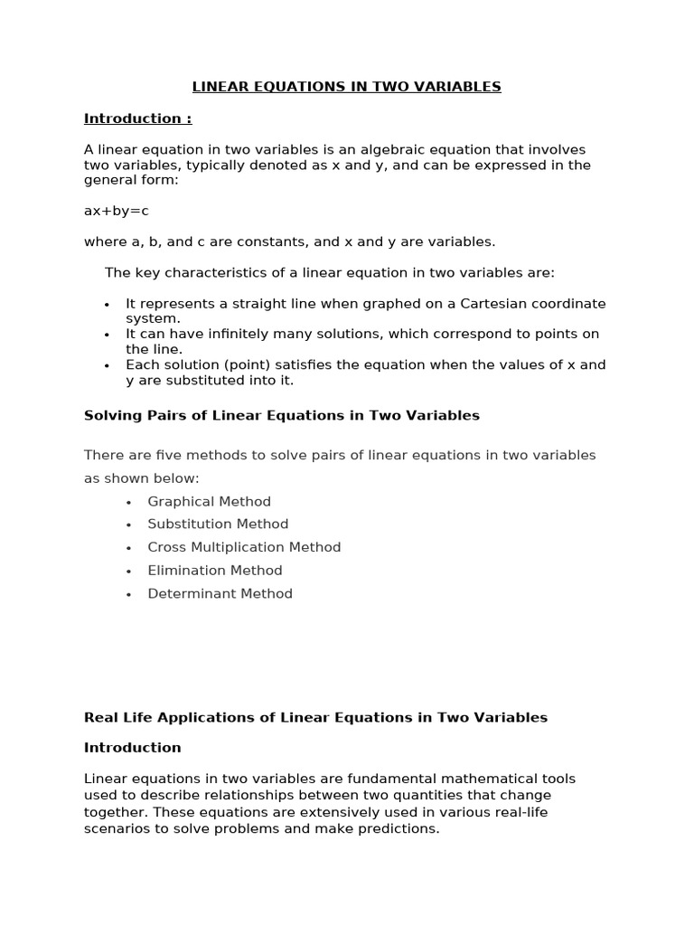 Linear Equations in Two Variables Explained | PDF | Equations ...