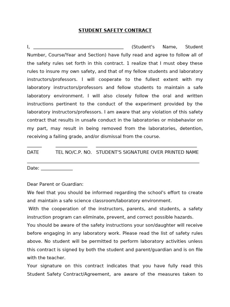 Basic Science Laboratory Student Safety Contract | PDF