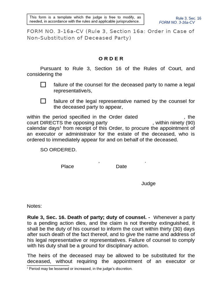 Sample FORM NO. 3-16a-CV (Order in Case of Non-Substitution of Deceased ...