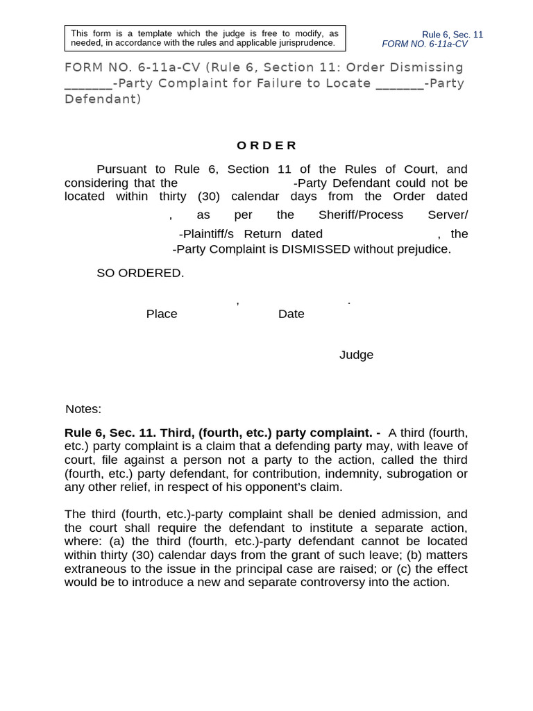 Sample FORM NO. 6-11a-CV (Order Dismissing - Party Complaint For ...