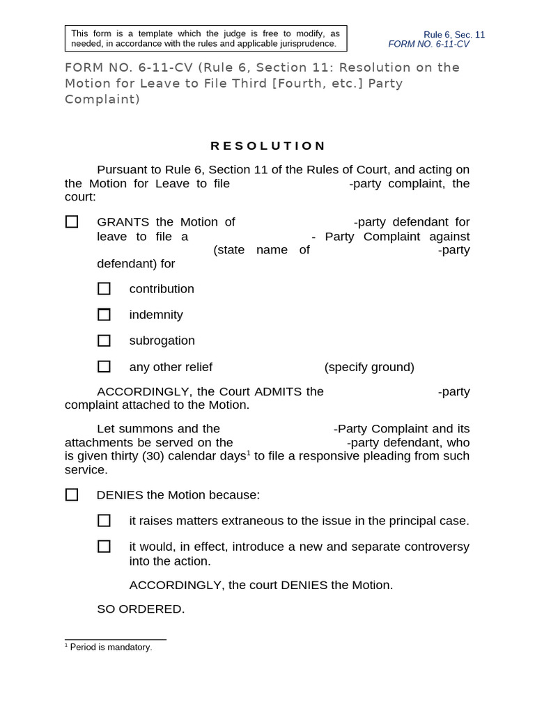 Sample FORM NO. 6-11-CV (Resolution On The Motion For Leave To File ...