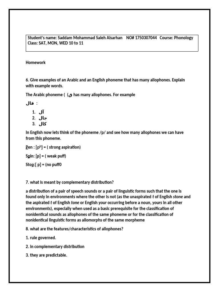 Phonology Homework: Allophones & Examples | PDF | Phoneme | Linguistics