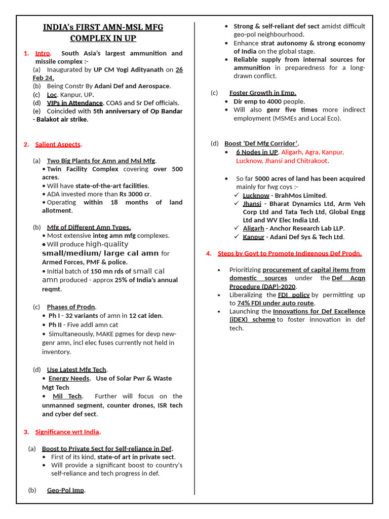India's First Ammunition Missile Manufacturing Complex in UP Ss | PDF