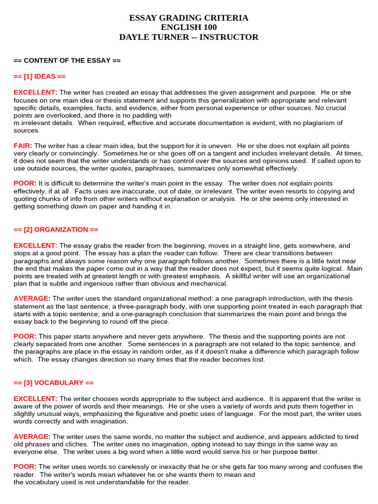 GRADING CRITERIA For Essay Writing | PDF | Essays | English Language