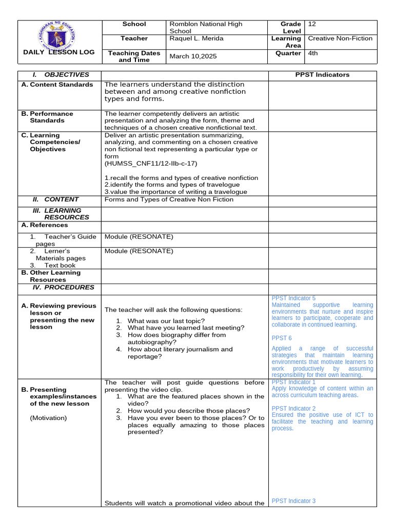 Creative Non-Fiction Lesson Plan | PDF | Learning | Educational Technology