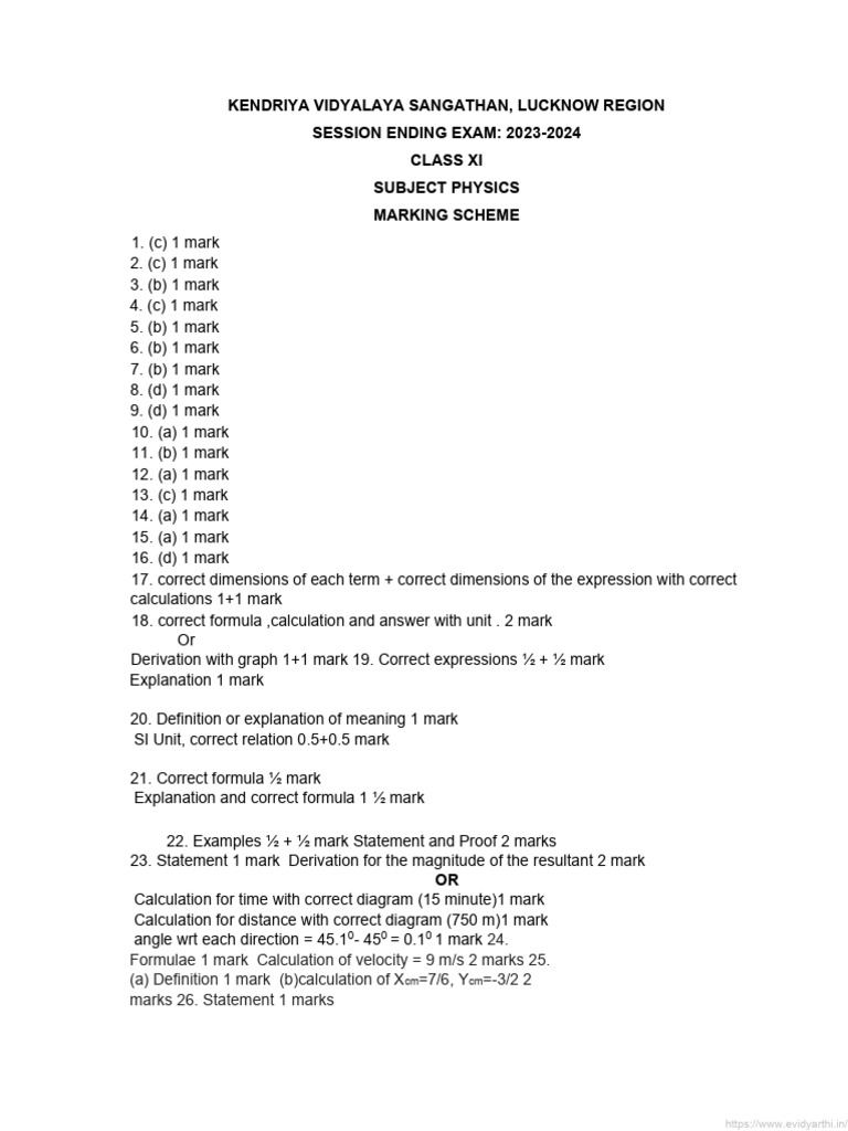 Class XI Physics Marking Scheme 2023-24 | PDF | Physical Quantities ...