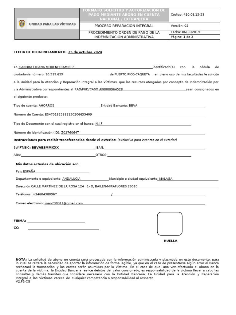 Formato Solicitud y Autorización de Pago Mediante Abono en Cuenta Nacional Extranjera 13072023 ...