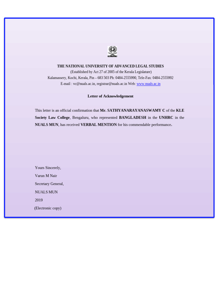 Acknowledgement of Performance at NUALS MUN | PDF