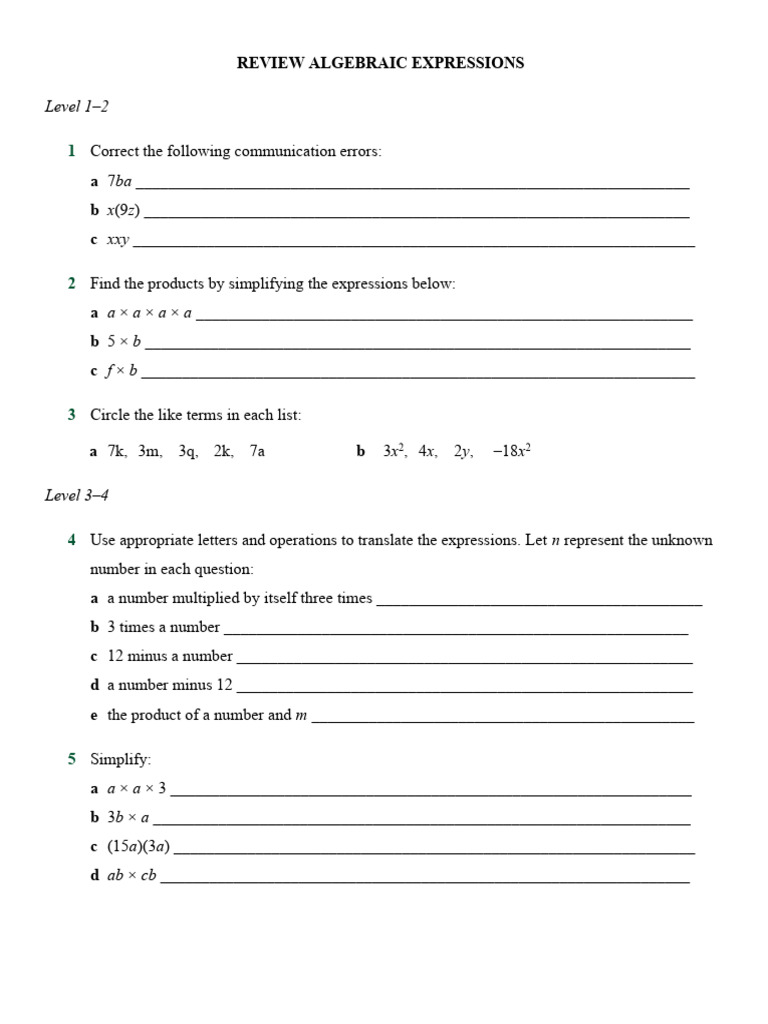 Algebraic Expressions Review Guide | PDF | Mathematics | Algebra