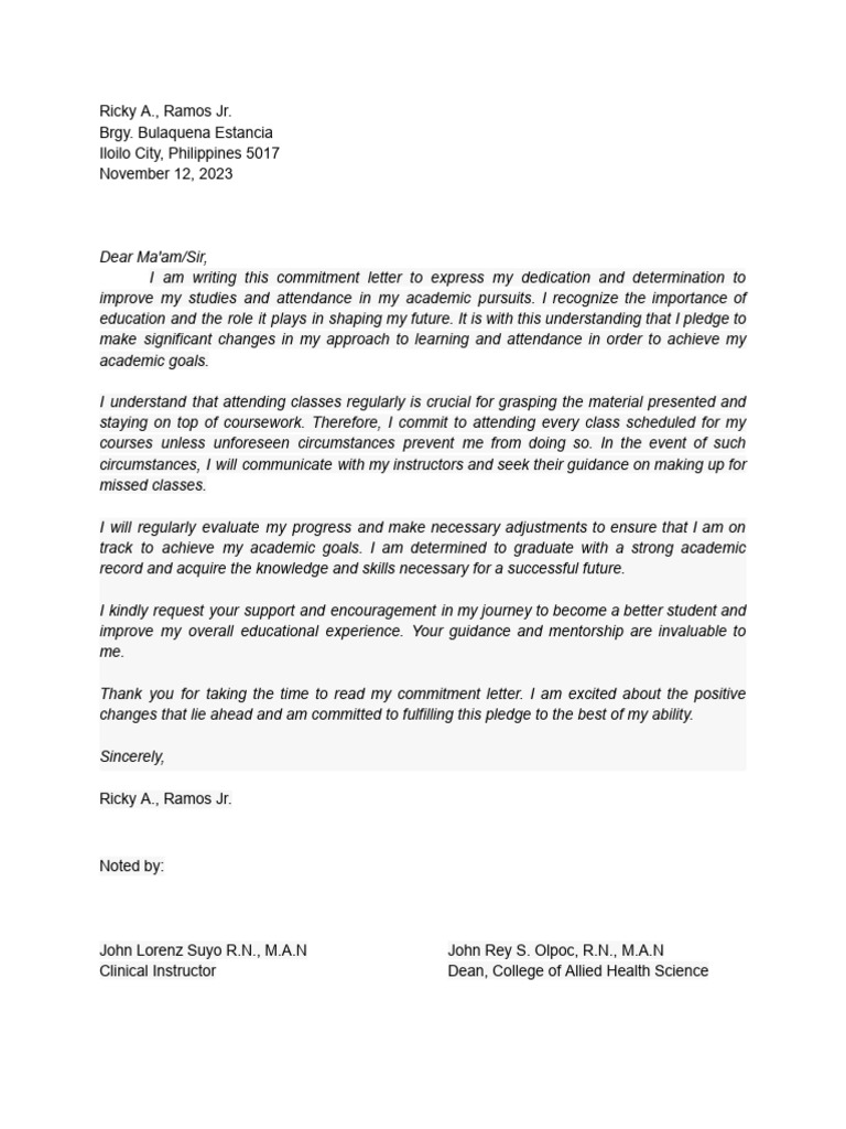 Student Attendance Commitment Letter | PDF