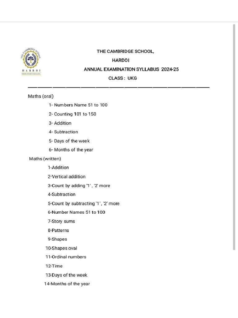 UKG Annual Examination Syllabus 2024-25 | PDF