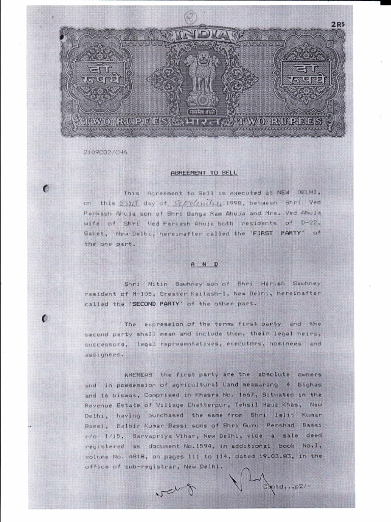 Agreement To Sell - Khasra No 1667 | PDF