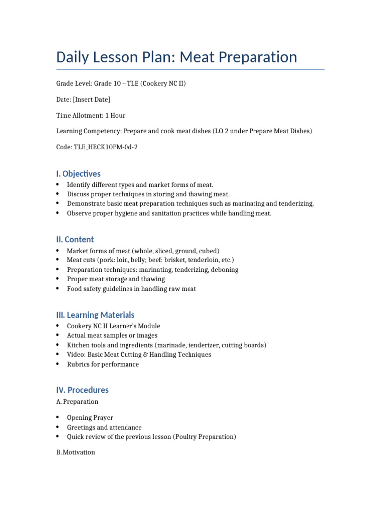 Grade10_Meat_Preparation_Lesson_Plan | PDF