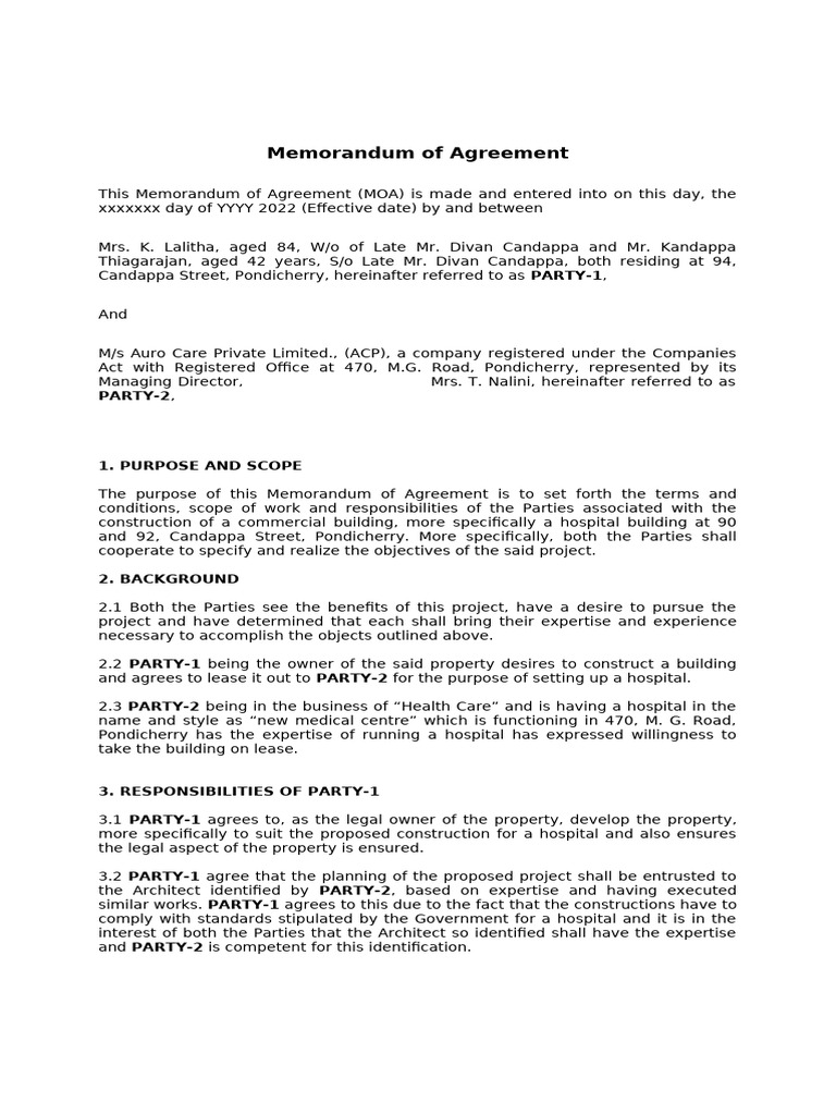 Memorandum of Agreement Between NMC and The Land Owner of The Plot in ...