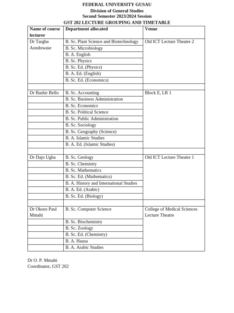 GST 202 2023-2024 Lecture Timetable-2 | PDF