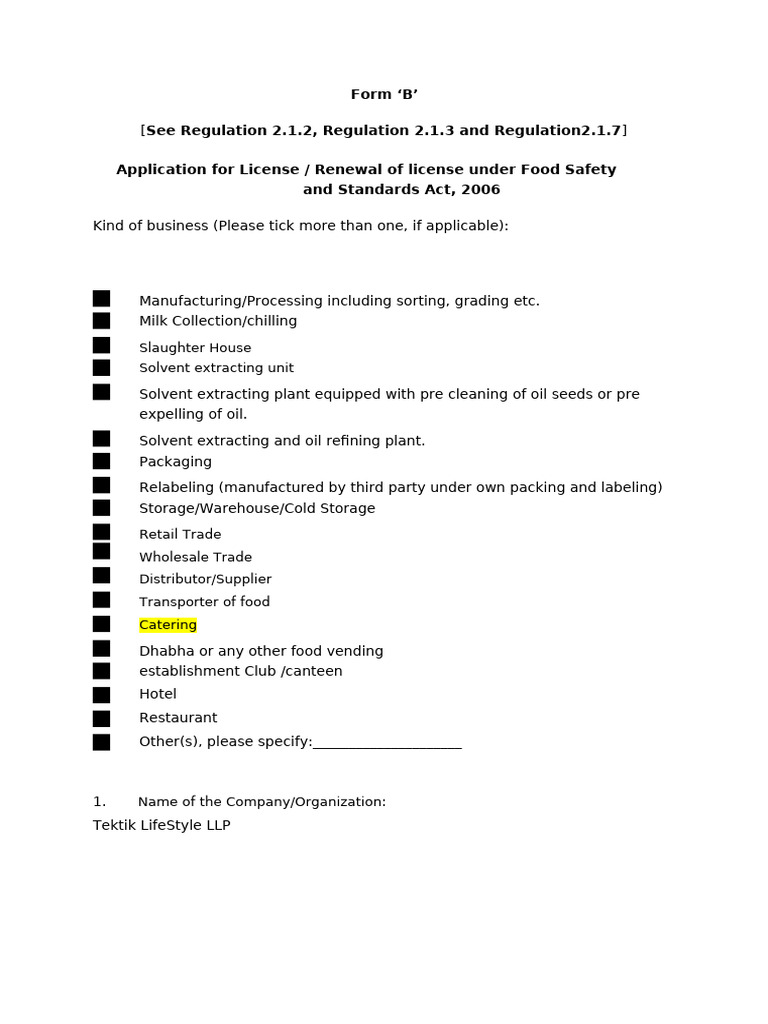 Form B (Application For License) | PDF | Flour | Food Safety