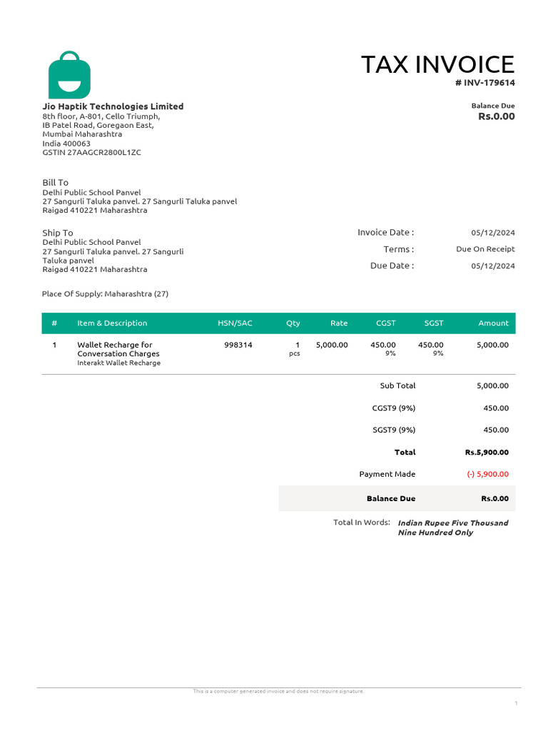 Invoice for Wallet Recharge 998314 | PDF | Taxation | Business Documents