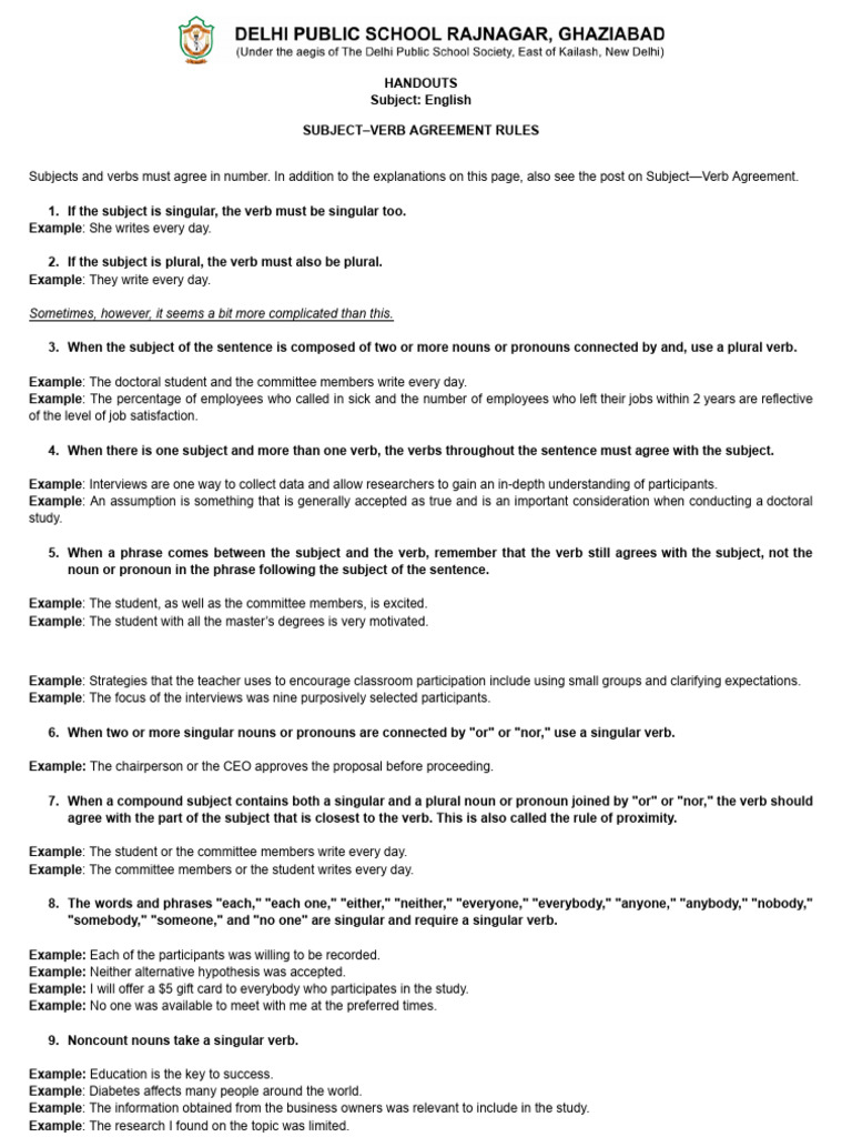 Subject-Verb Agreement Guidelines | PDF | Grammatical Number | Subject ...