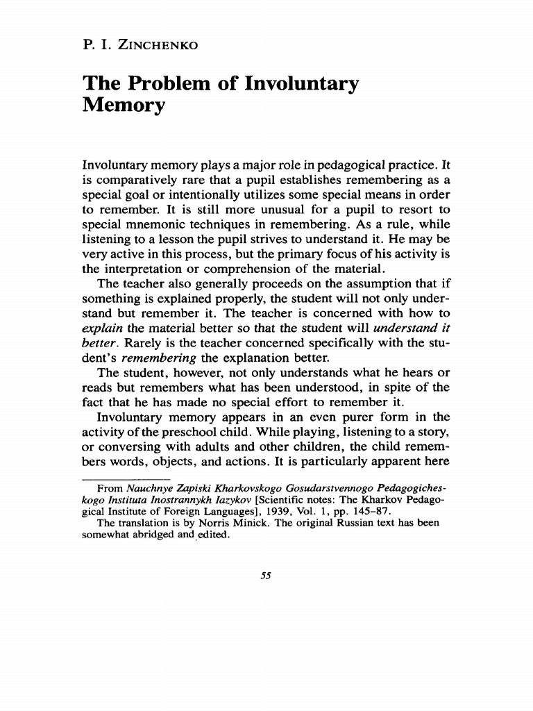 ZINCHENKO - The Problem of Involuntary Memory - Artigo - (1983) | PDF | Psychology | Consciousness