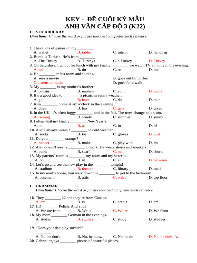 Đáp Án Đề Mẫu Thi Cuối Kỳ Anh Văn Cấp Độ 3 (K22) | PDF | Coffeehouse