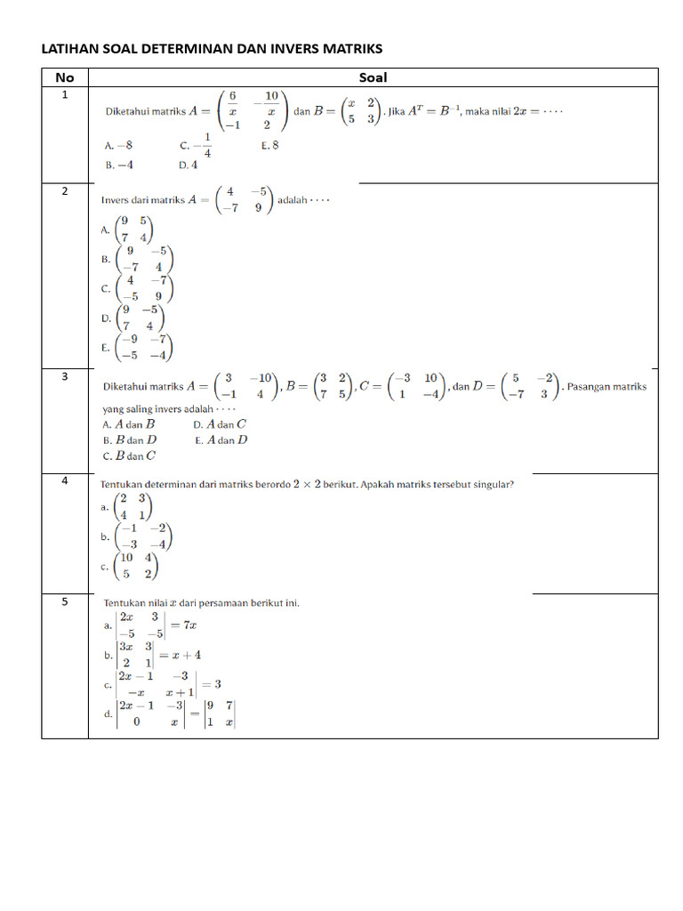 Latihan Soal Determinan Dan Invers Matriks - Xi | PDF