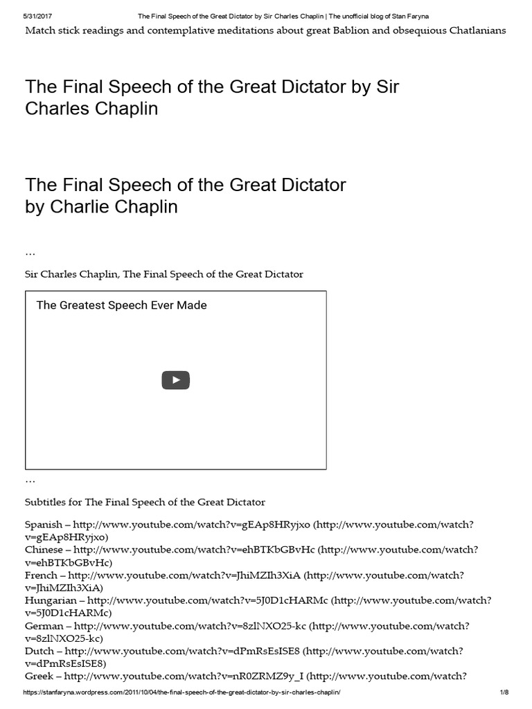 Charles Chaplin 7 March 1941 The Great Dictator Speech | PDF