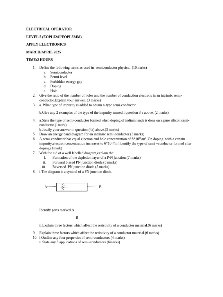 Electrical Operator Exam: Semiconductor Concepts | PDF
