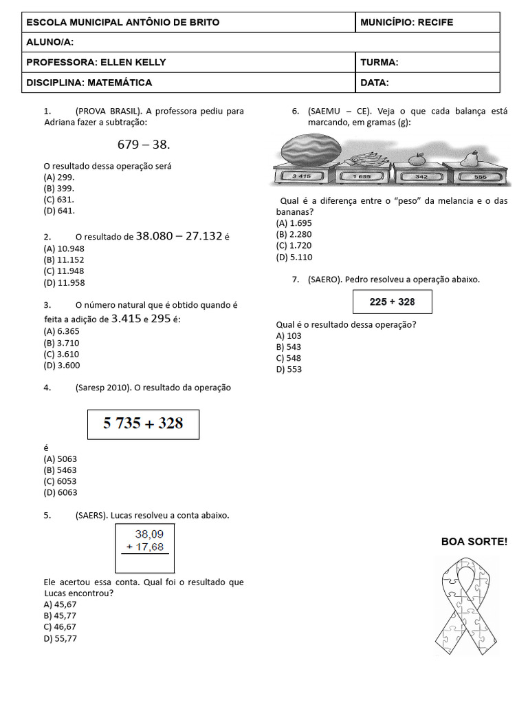 Prova de Matemática - Eja - Antonio de Brito | PDF