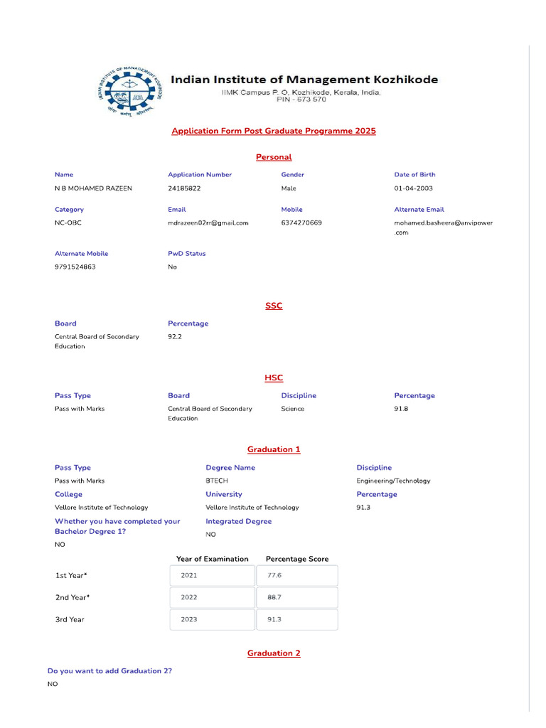 IIMK Application Form | PDF