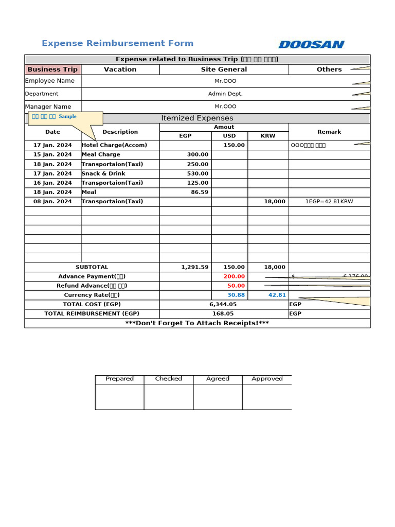출장비 정산 양식 - Sample | PDF | Expense | Income Statement