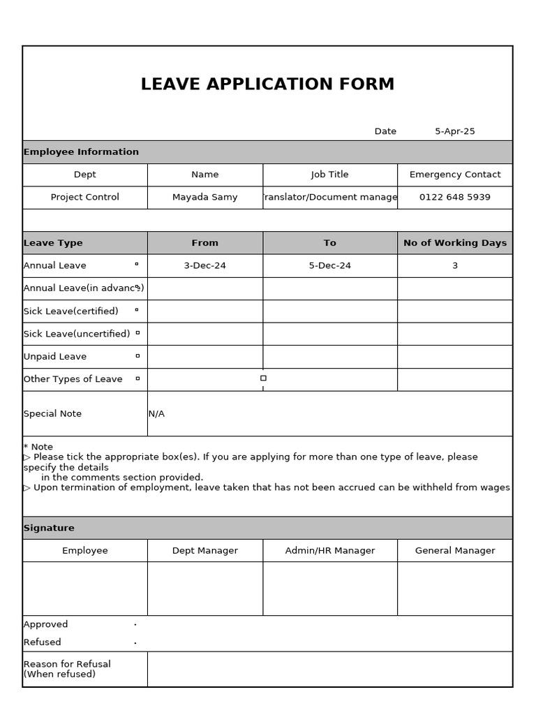 Anual Leave Application | PDF