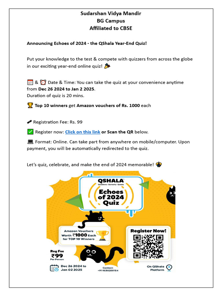 Announcing Echoes of 2024 - The QShala Year-End Quiz! | PDF