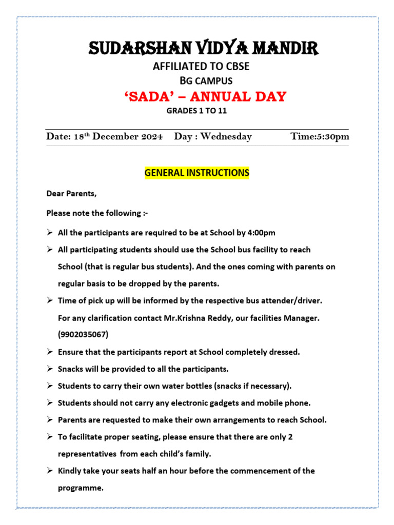 Annual Day: General Instructions | PDF