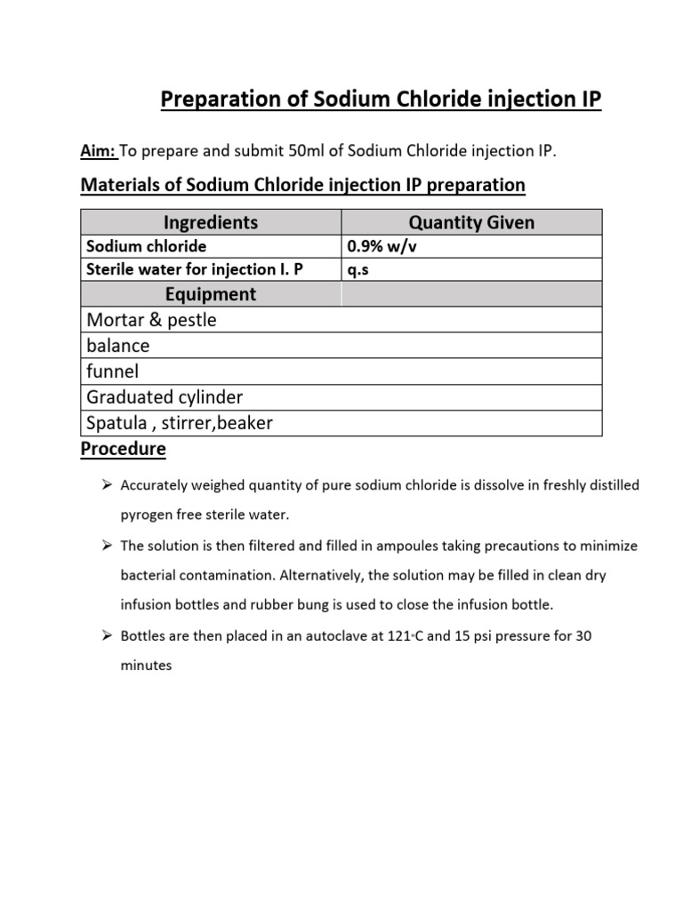 Sodium Chloride Injection IP Preparation | PDF